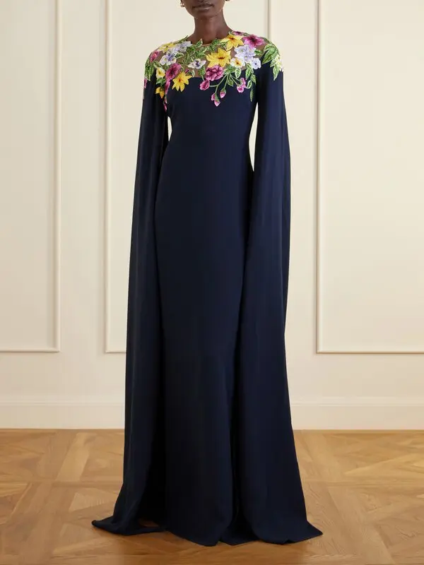 Oscar De La Renta Cape-effect Floral-embroidered Silk-blend Georgette Gown