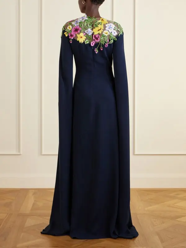 Oscar De La Renta Cape-effect Floral-embroidered Silk-blend Georgette Gown
