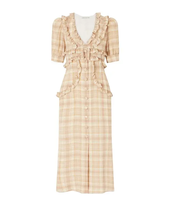 Alessandra Rich Ruffled Checked Silk Midi Dress