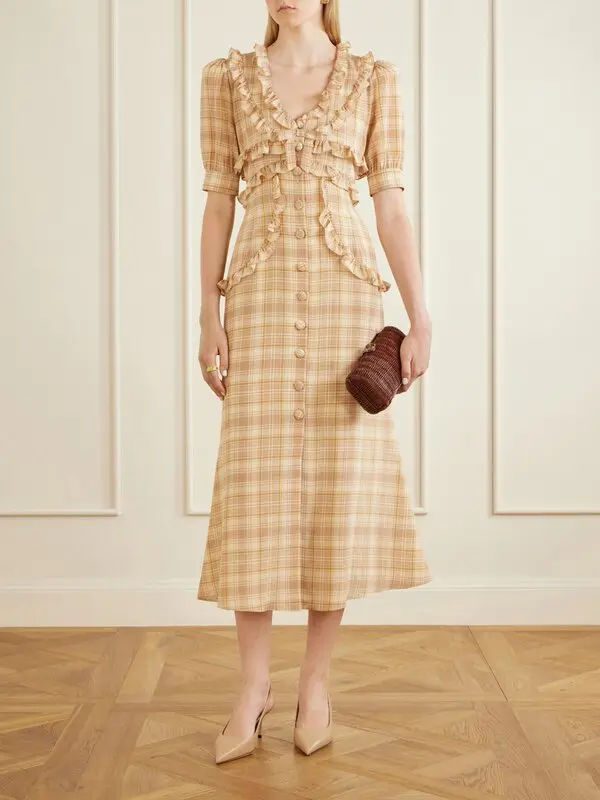 Alessandra Rich Ruffled Checked Silk Midi Dress