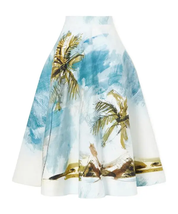 Oscar De La Renta All Over Beach Printed Cotton-blend Poplin Midi Skirt