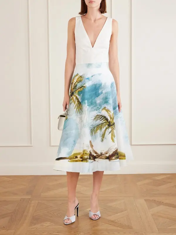Oscar De La Renta All Over Beach Printed Cotton-blend Poplin Midi Skirt