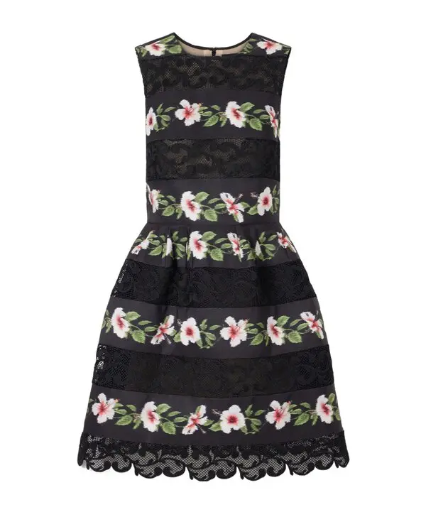 Oscar De La Renta Floral-print Lace-trimmed Crepe De Chine Mini Dress - Black