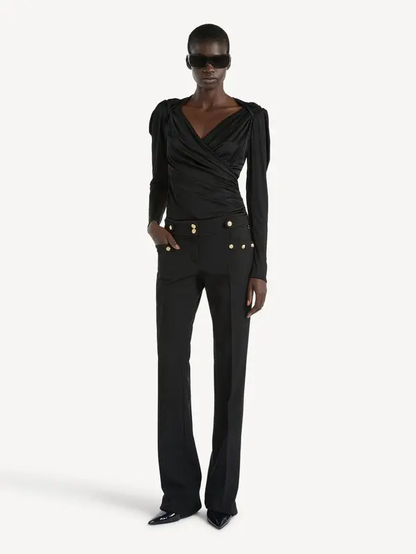 Balmain Draped Flowing Jersey Top With Plunging Neckline