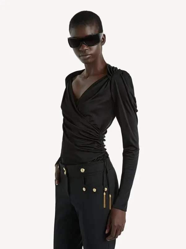 Balmain Draped Flowing Jersey Top With Plunging Neckline