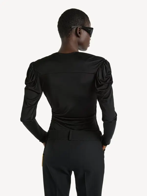 Balmain Draped Flowing Jersey Top With Plunging Neckline