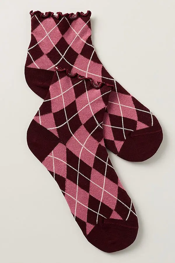 Anthropologie Argyle Ruffle Socks - Pink Pattern