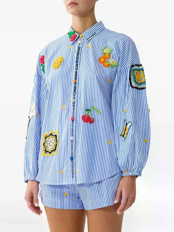 Camilla Magic Of The Mercado Crochet-patchwork Vertical-stripe Blouse