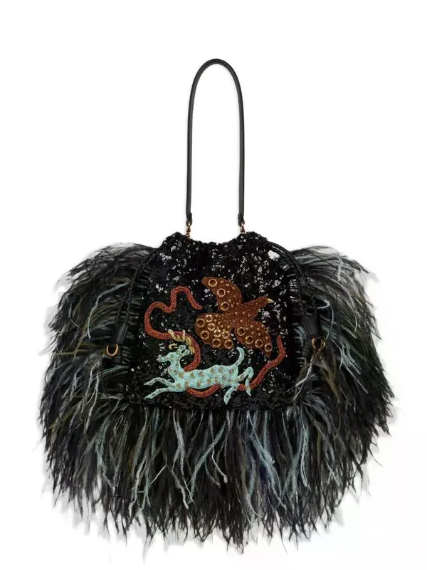 Etro Small Sequined Kalispera Shoulder Bag With Feather Detail And Animal Embroidery - Black