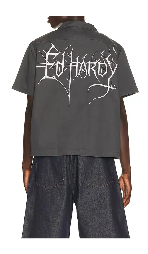 Ed Hardy Skeles Workwear Shirt In Charcoal