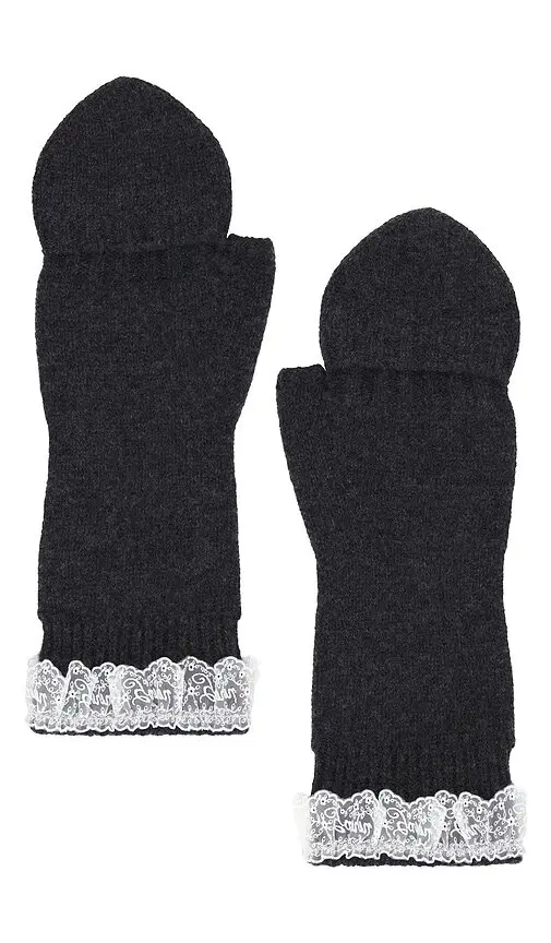 GANNI Compact Wool Lace Mittens In Charcoal