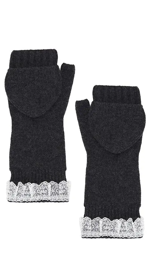 GANNI Compact Wool Lace Mittens In Charcoal