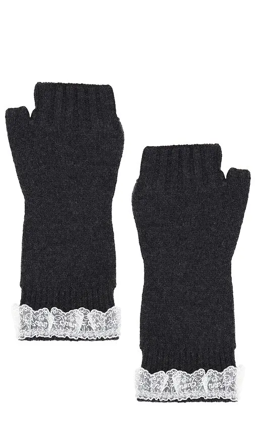 GANNI Compact Wool Lace Mittens In Charcoal