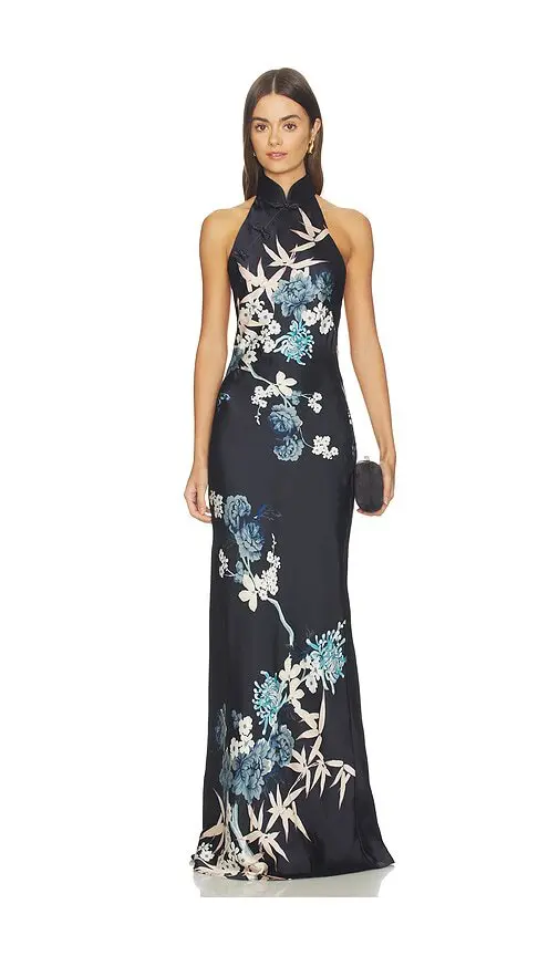 SAU LEE Gillian Satin Gown In Black - Black Multi