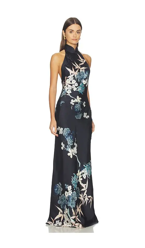 SAU LEE Gillian Satin Gown In Black - Black Multi