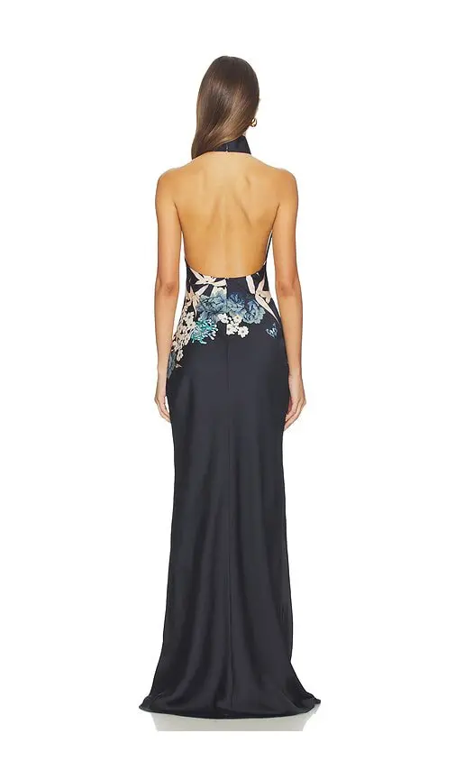 SAU LEE Gillian Satin Gown In Black - Black Multi