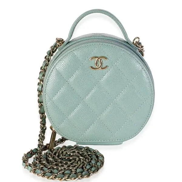 Chanel Light Quilted Caviar Handle With Care Round Vanity Case - Green