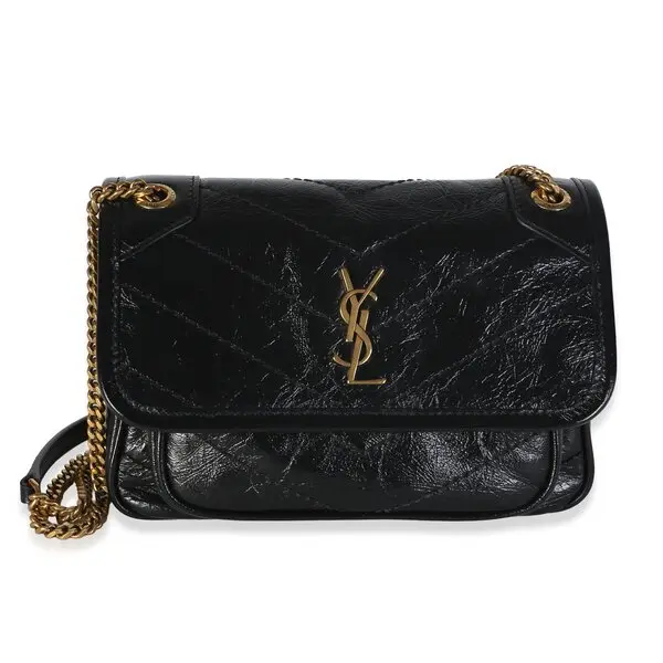 Saint Laurent Crinkled Calfskin Matelasse Niki Chain Satchel - Black