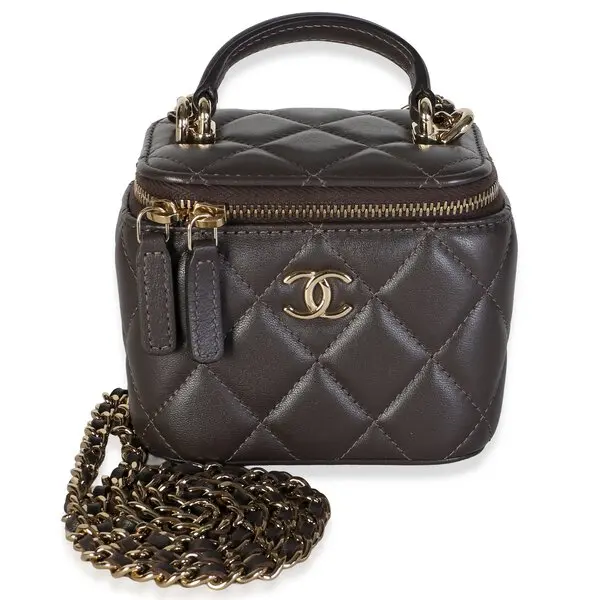 Chanel Dark Grey Quilted Lambskin Vanity Case With Chain - Gray