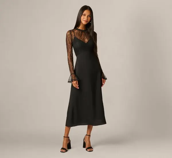 Adrianna Papell Long Sleeve Satin Lace Ankle Length Combo Dress - Black