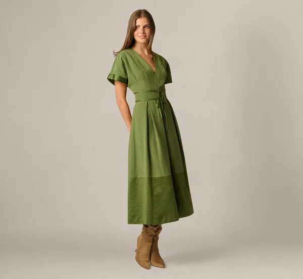 Adrianna Papell Short Sleeve Pleated Bow Waist Sueded Satin Midi Dress - Olive