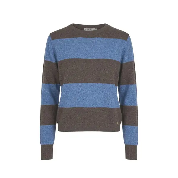 TIRILLM Sasha Basic Cashmere Pullover With Round Neck, Stripes In Mull Melange And Denim Blue Melange