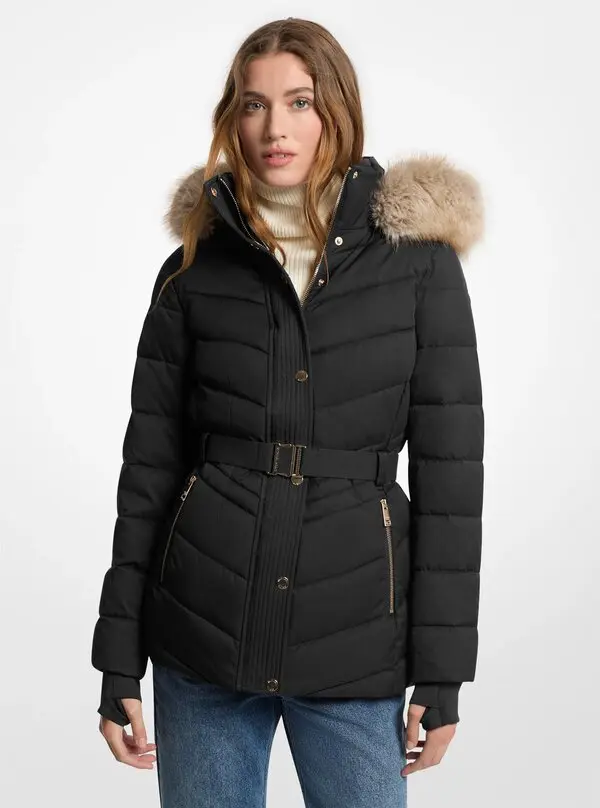 Michael Kors Faux Fur Trim Packable Quilted Puffer Jacket In Size By - Black