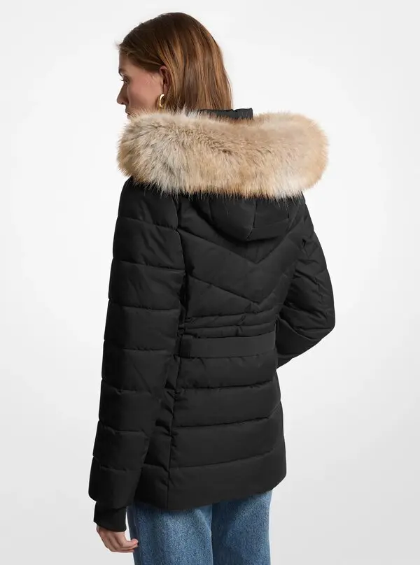 Michael Kors Faux Fur Trim Packable Quilted Puffer Jacket In Size By - Black