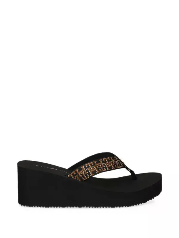 Tommy Hilfiger Th Monogram-print Wedge Flip-flops - Black