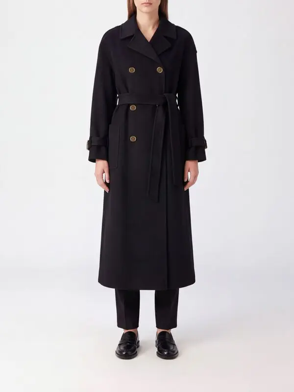 Elisabetta Franchi Double-breasted Long Wool Coat With Belt - Black