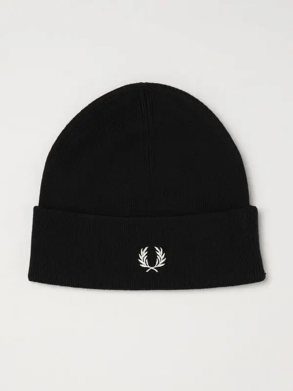 Fred Perry Wool And Cotton Blend Beanie Hat With Embroidered Logo - Black