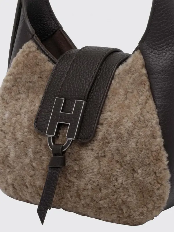 Hogan Shearling And Grained Calfskin Hobo Bag With H Monogram Logo - Brown