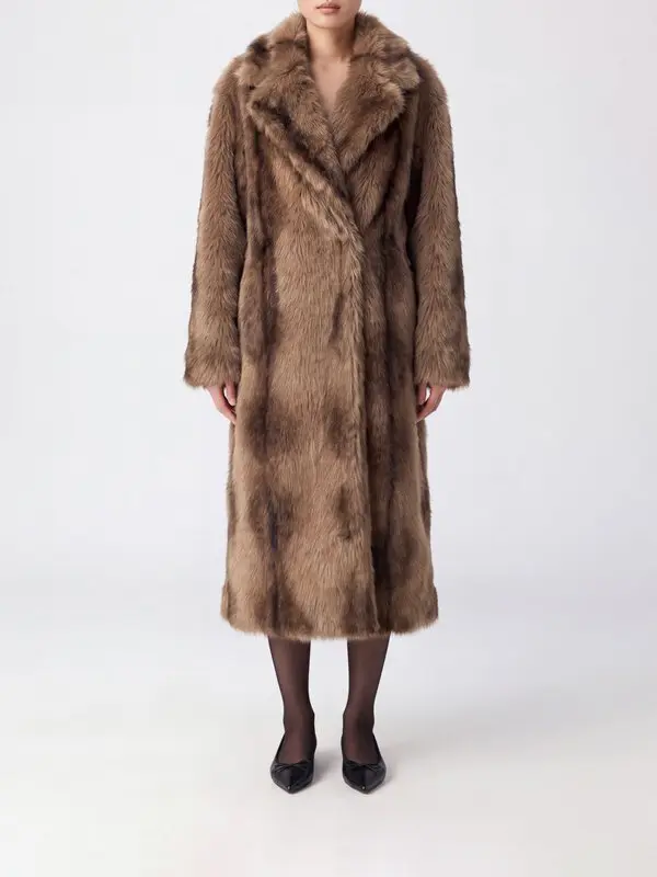 SWORD 6644 Long Double-breasted Patterned Faux Fur Coat With Lapels