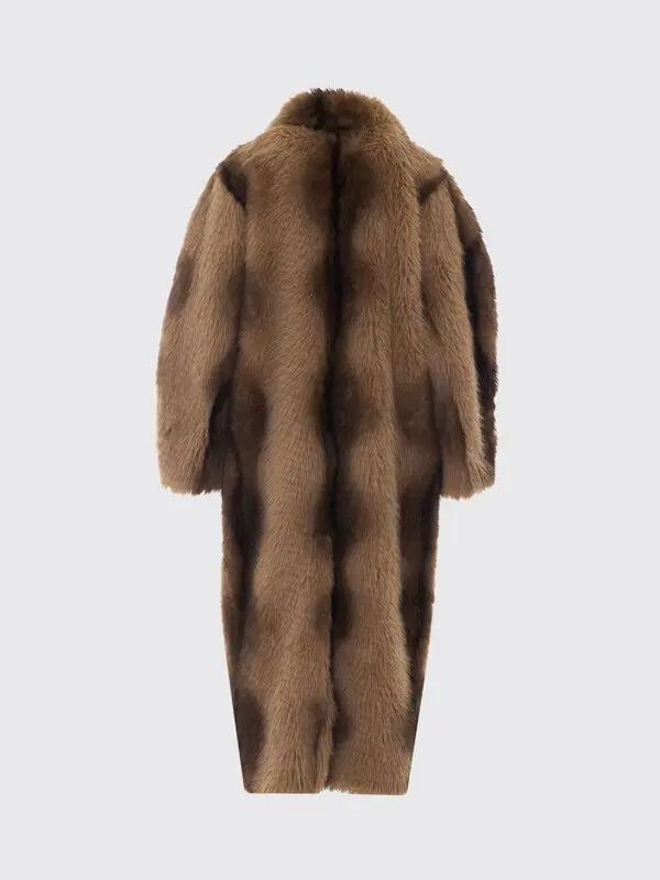 SWORD 6644 Long Double-breasted Patterned Faux Fur Coat With Lapels