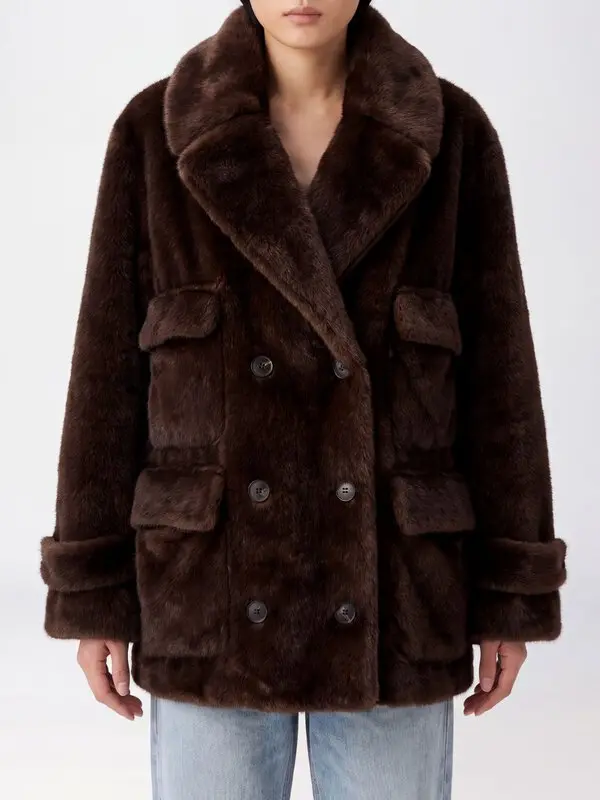 SWORD 6644 Short Double-breasted Faux Fur Jacket With Lapels