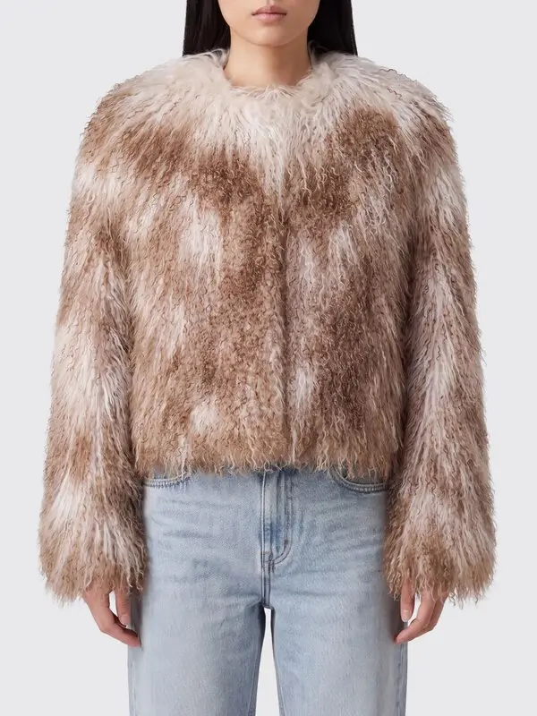 SWORD 6644 Short Abstract Pattern Mongolian Fur Jacket - Beige