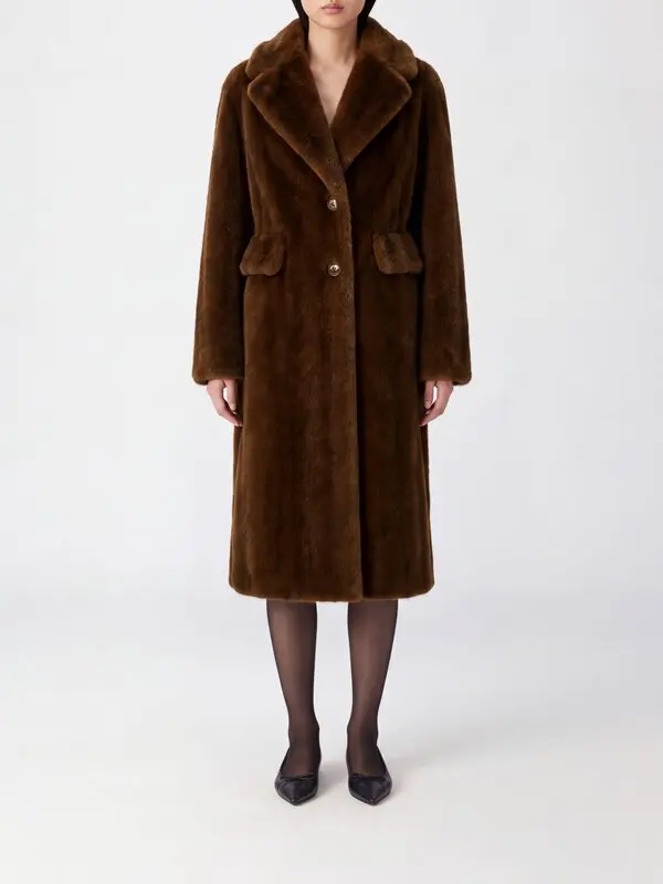 SWORD 6644 Long Single-breasted Faux Fur Coat With Button Closure