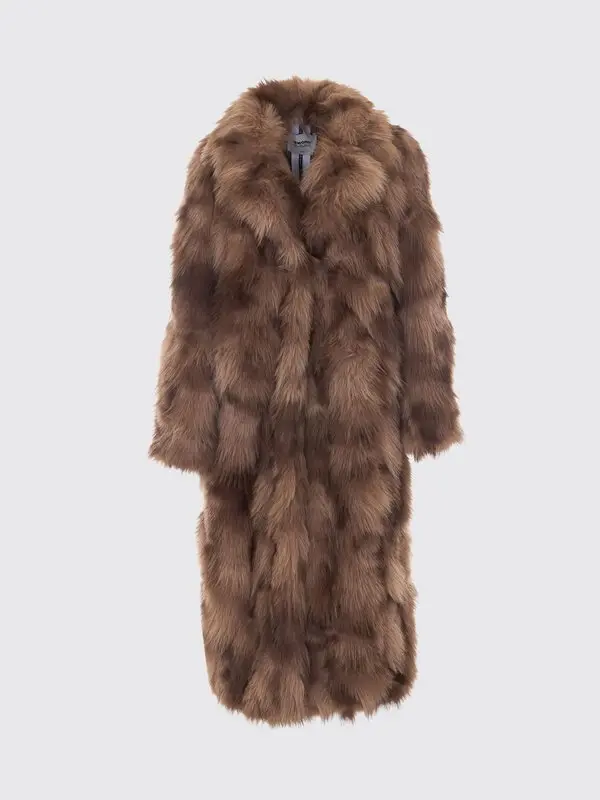 SWORD 6644 Long Single-breasted Faux Fur Coat With A Relaxed Fit - Brown