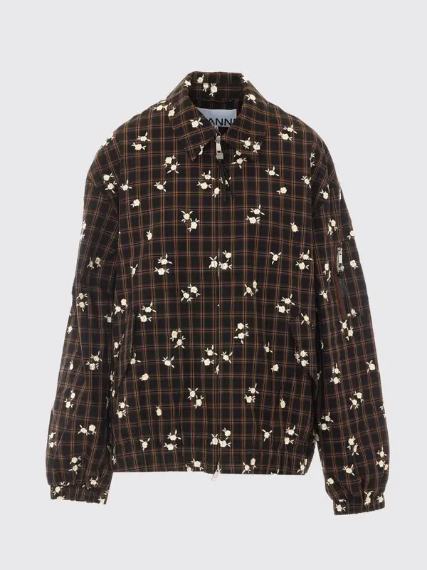 GANNI Check And Floral-embroidered Organic Cotton Bomber Jacket