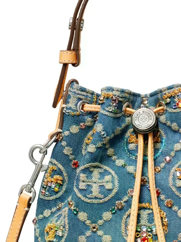 Tory Burch Mini Monogram-pattern Denim Bucket Bag - Blue