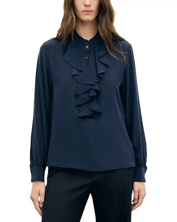 Gerard Darel Loan Silk Ruffle Front Top - Navy