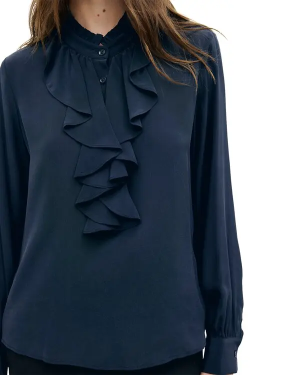 Gerard Darel Loan Silk Ruffle Front Top - Navy