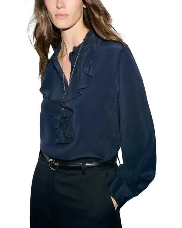 Gerard Darel Loan Silk Ruffle Front Top - Navy