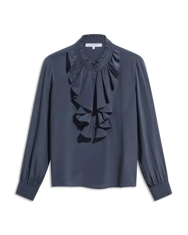 Gerard Darel Loan Silk Ruffle Front Top - Navy