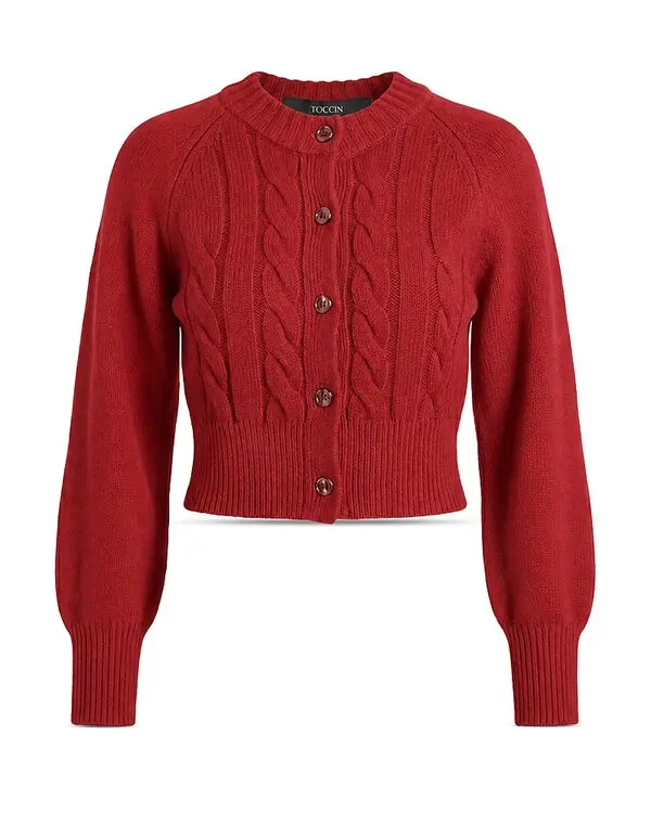 TOCCIN Rita Wool & Cashmere Cable Knit Cropped Cardigan - Red