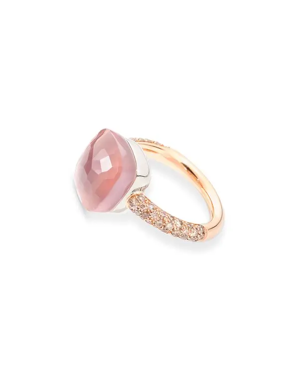 Pomellato 18k White & Gold Nudo Pink Chalcedony & Quartz Doublet & Brown Diamond Ring