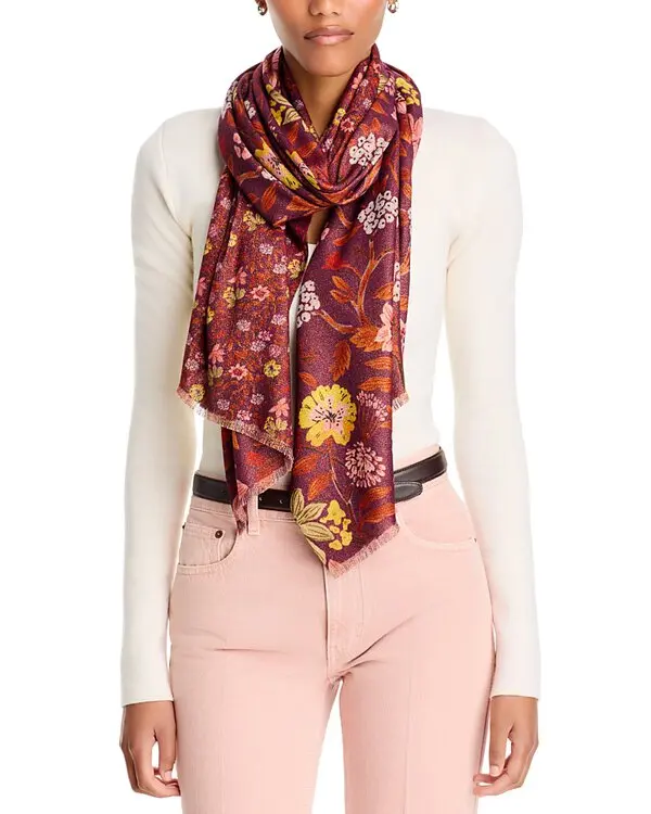 V. Fraas Metallic Floral Silk Square Scarf - Barolo
