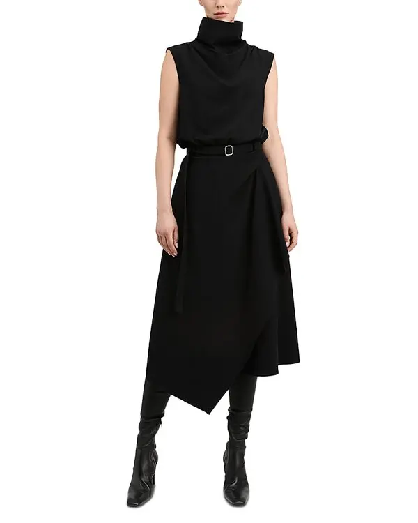 Derek Lam 10 Crosby Debbie Cotton Stretch Funnel Neck Belted Dress - Black