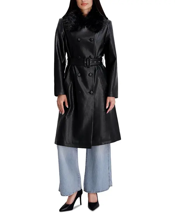 KENNETH COLE Faux Fur Collar Faux Leather Trench Coat