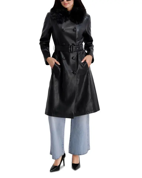 KENNETH COLE Faux Fur Collar Faux Leather Trench Coat